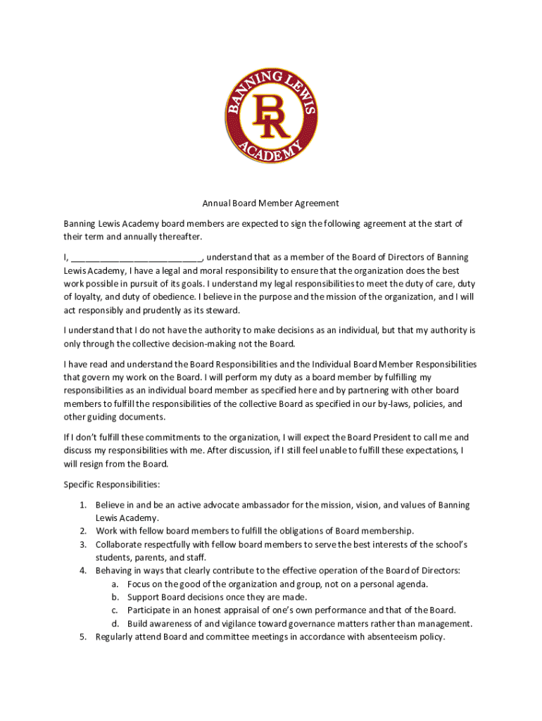 Fillable Online Annual Board Member Agreement Fax Email Print - pdfFiller