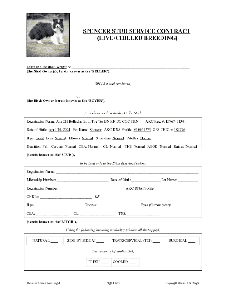Fillable Online Spencer Stud Service Contract (live/chilled Breeding ...