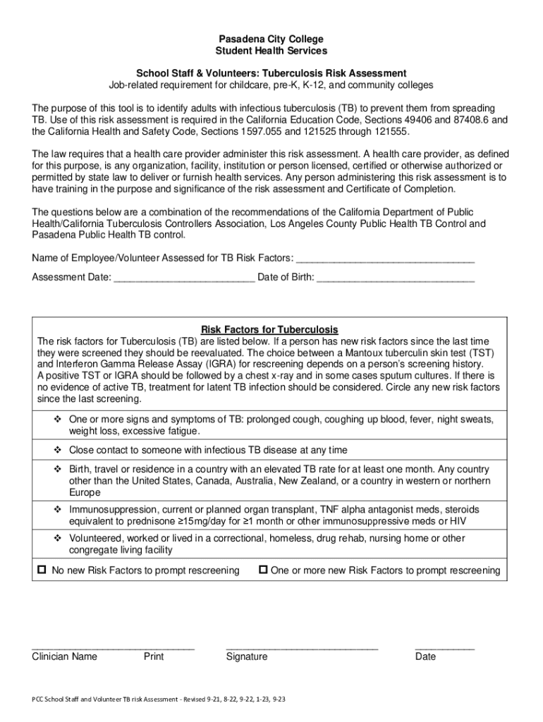 Fillable Online Tuberculosis Risk Assessment Fax Email Print - pdfFiller