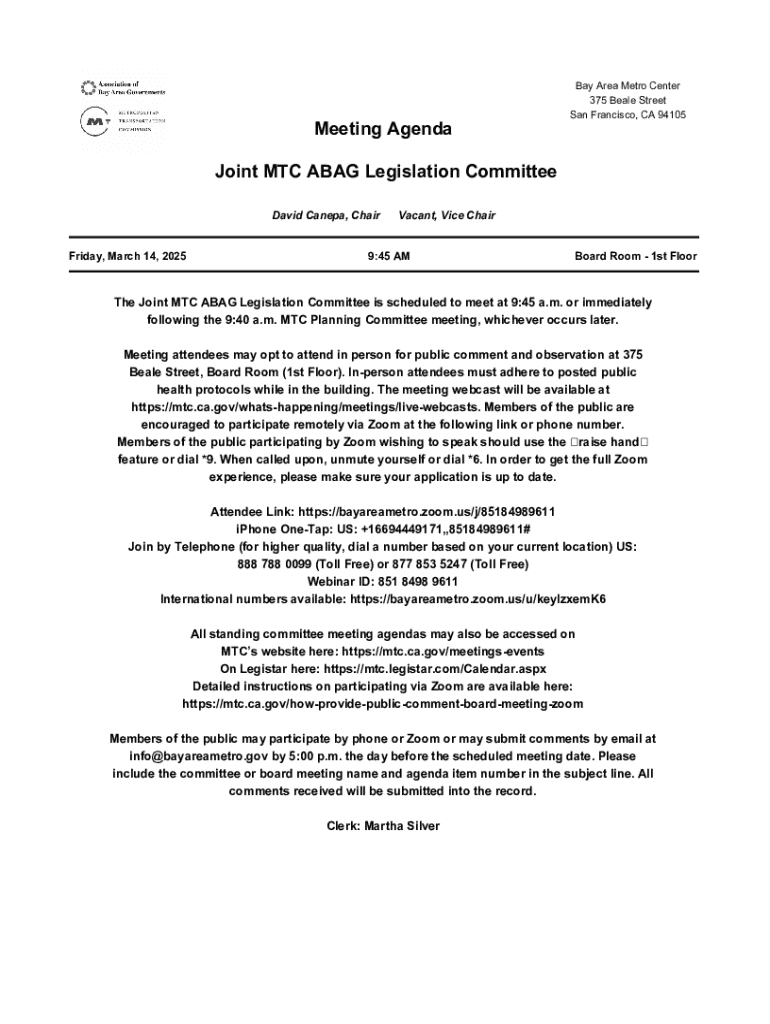 Fillable Online Joint Mtc Abag Legislation Committee Meeting Agenda Fax ...