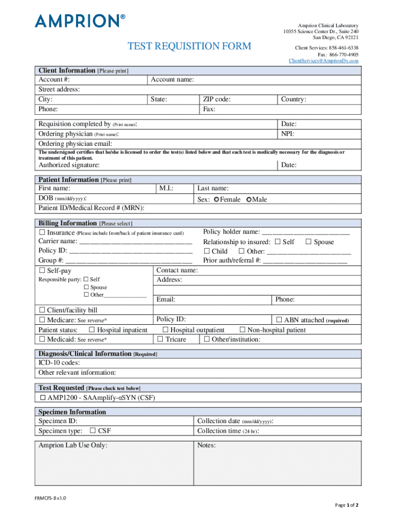 Fillable Online Amprion Clinical Laboratory Test Requisition Fax Email ...
