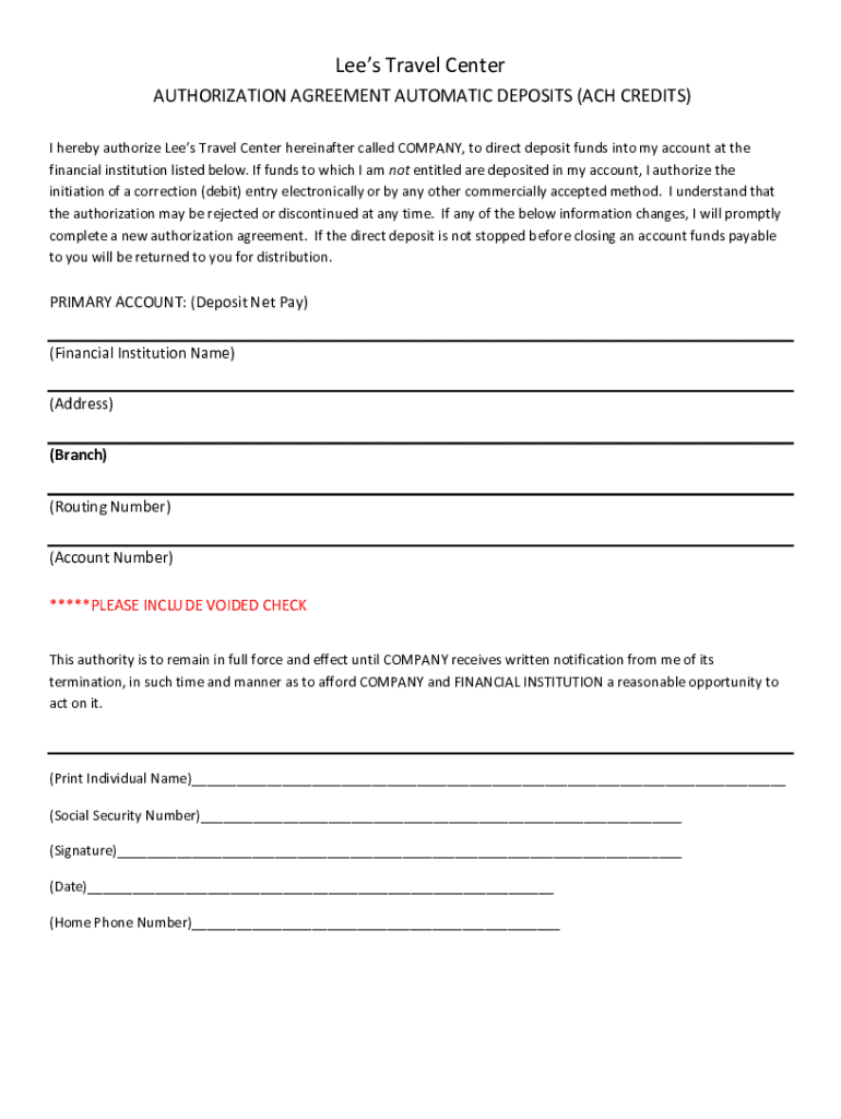 Fillable Online Lee’s Travel Center Authorization Agreement Fax Email Print - pdfFiller
