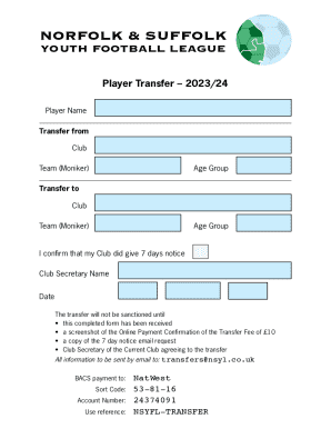 Fillable Online Youth Football League - Player Transfer Form Fax Email ...