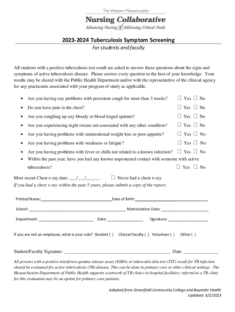 Fillable Online 2023-2024 Tuberculosis Symptom Screening Fax Email ...
