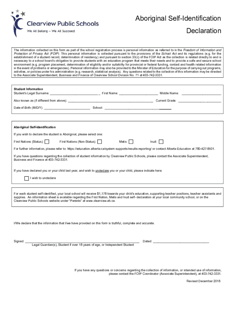 Fillable Online Aboriginal Self-identification Declaration for Students ...