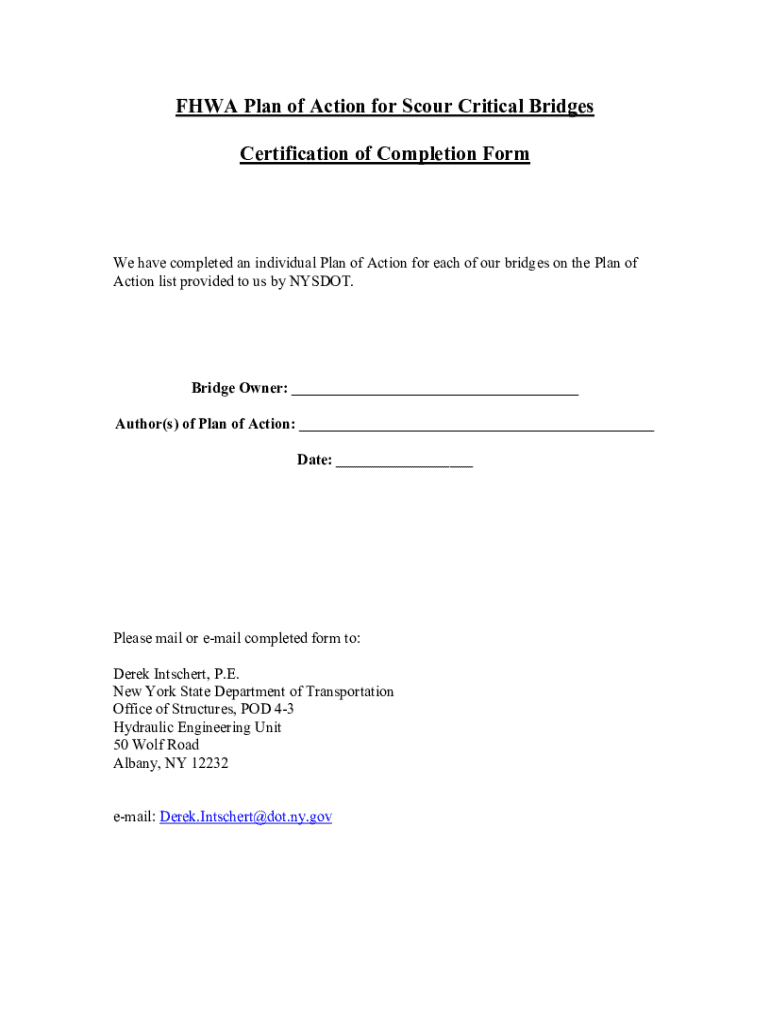 Fillable Online Fhwa Plan of Action Certification of Completion Fax ...