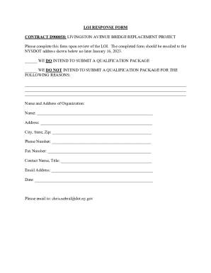 Fillable Online Loi Response Form - Contract D900058: Livingston Avenue ...