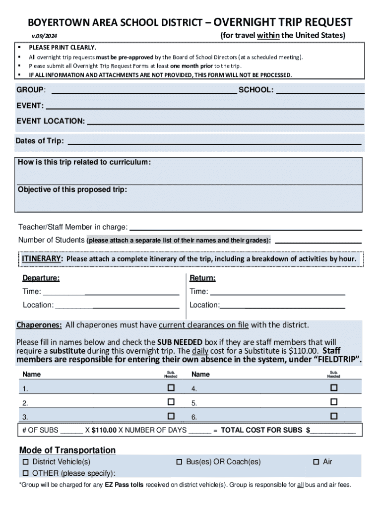 Fillable Online Boyertown Area School District – Overnight Trip Request ...