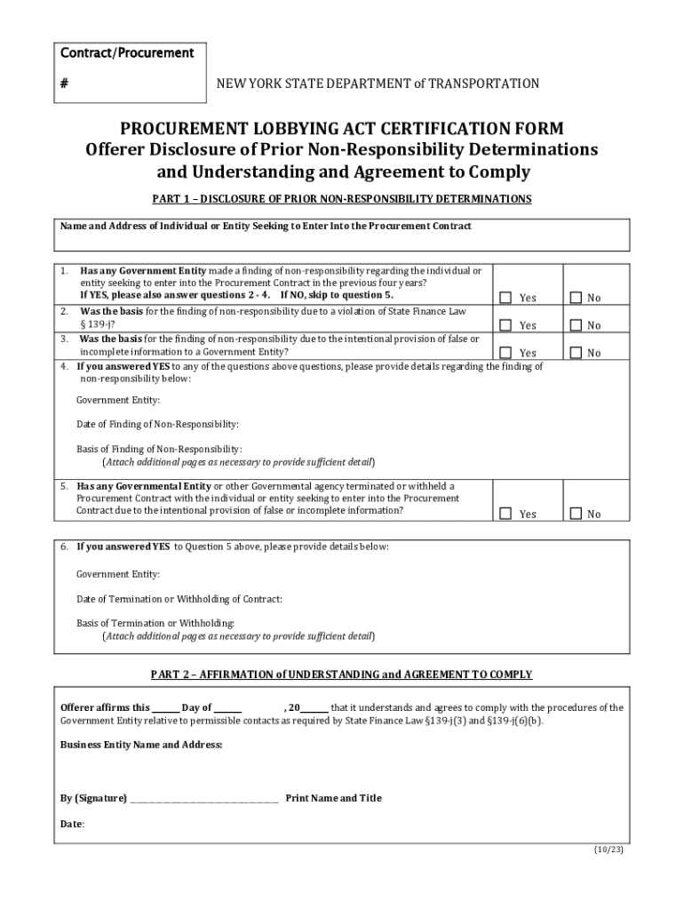 Fillable Online Procurement Lobbying Act Certification Form Fax Email ...