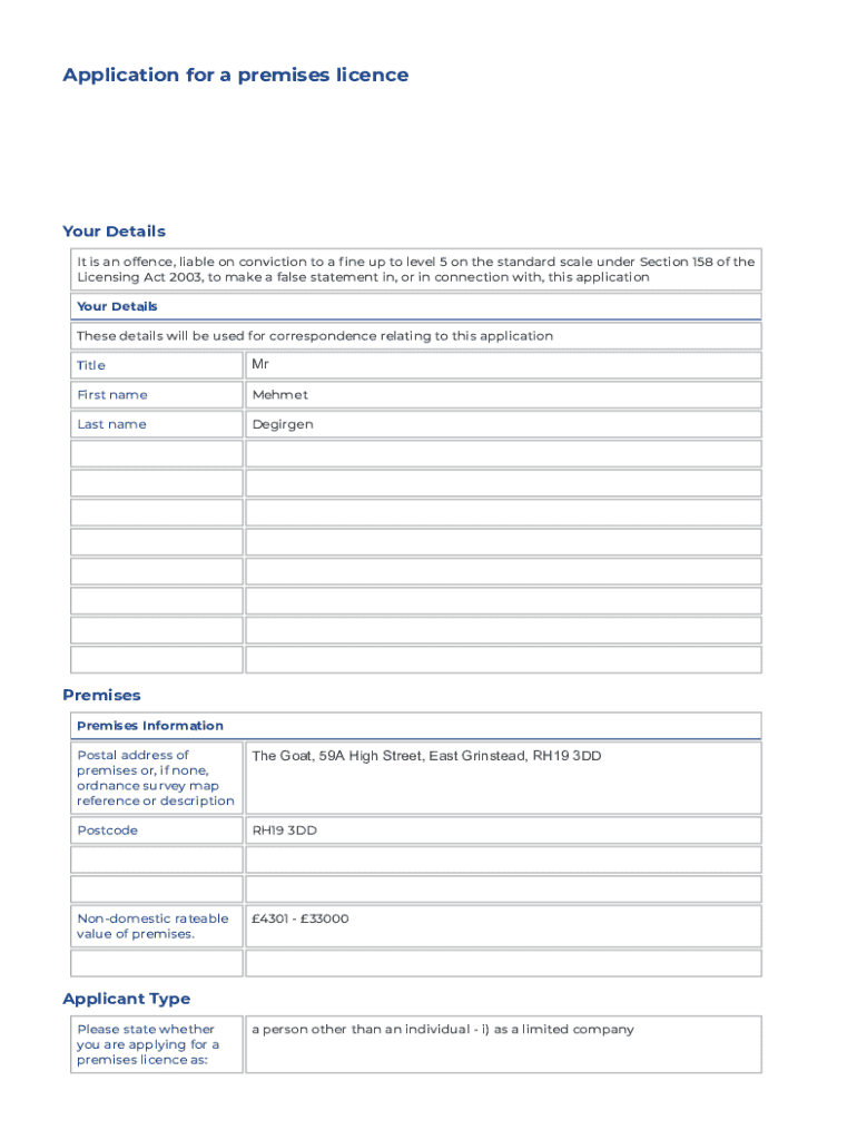 Fillable Online Application for a Premises Licence Fax Email Print ...