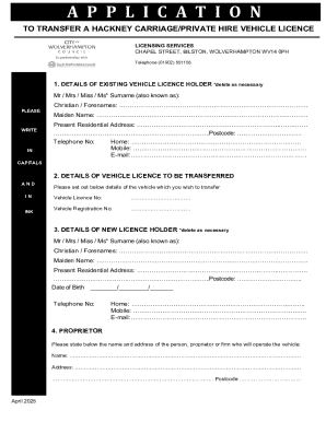 Fillable Online Application to Transfer a Hackney Carriage/private Hire ...