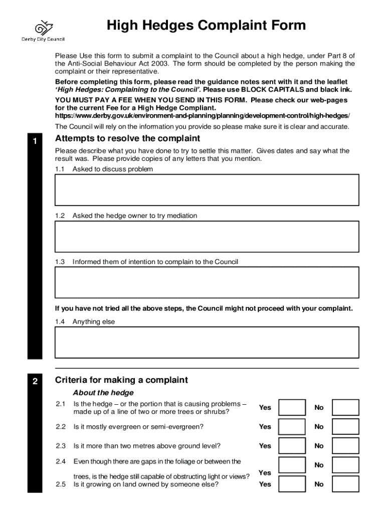 Fillable Online High Hedges Complaint Form Fax Email Print - pdfFiller