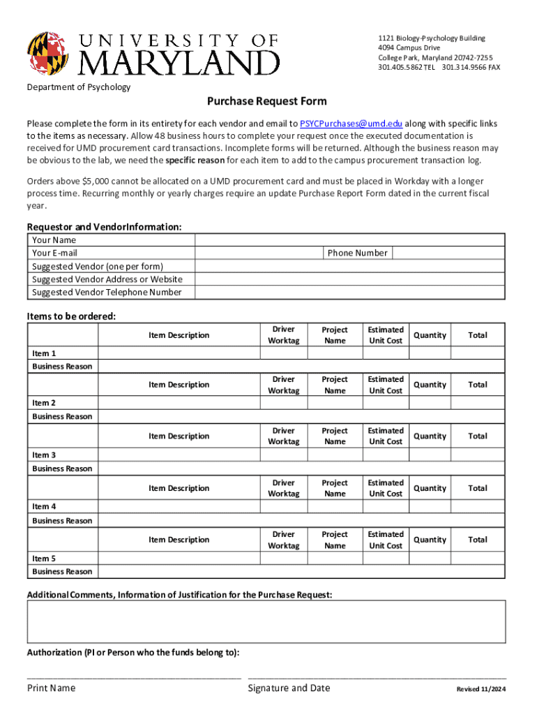 Fillable Online Department of Psychology Purchase Request Fax Email Print - pdfFiller
