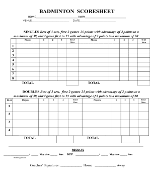 Fillable Online Badminton Scoresheet for Matches Fax Email Print ...