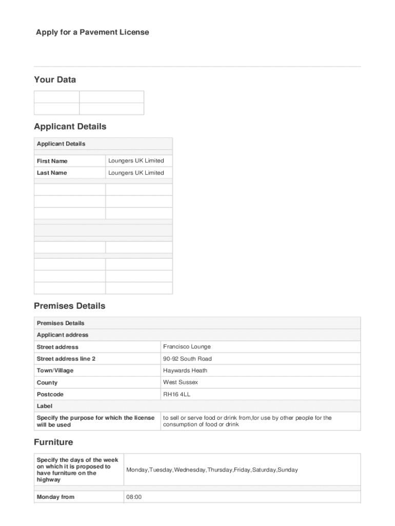 Fillable Online Application for a Pavement License Fax Email Print ...