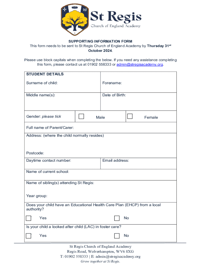 Fillable Online Supporting Information Form for St Regis Church of England Academy Fax Email ...