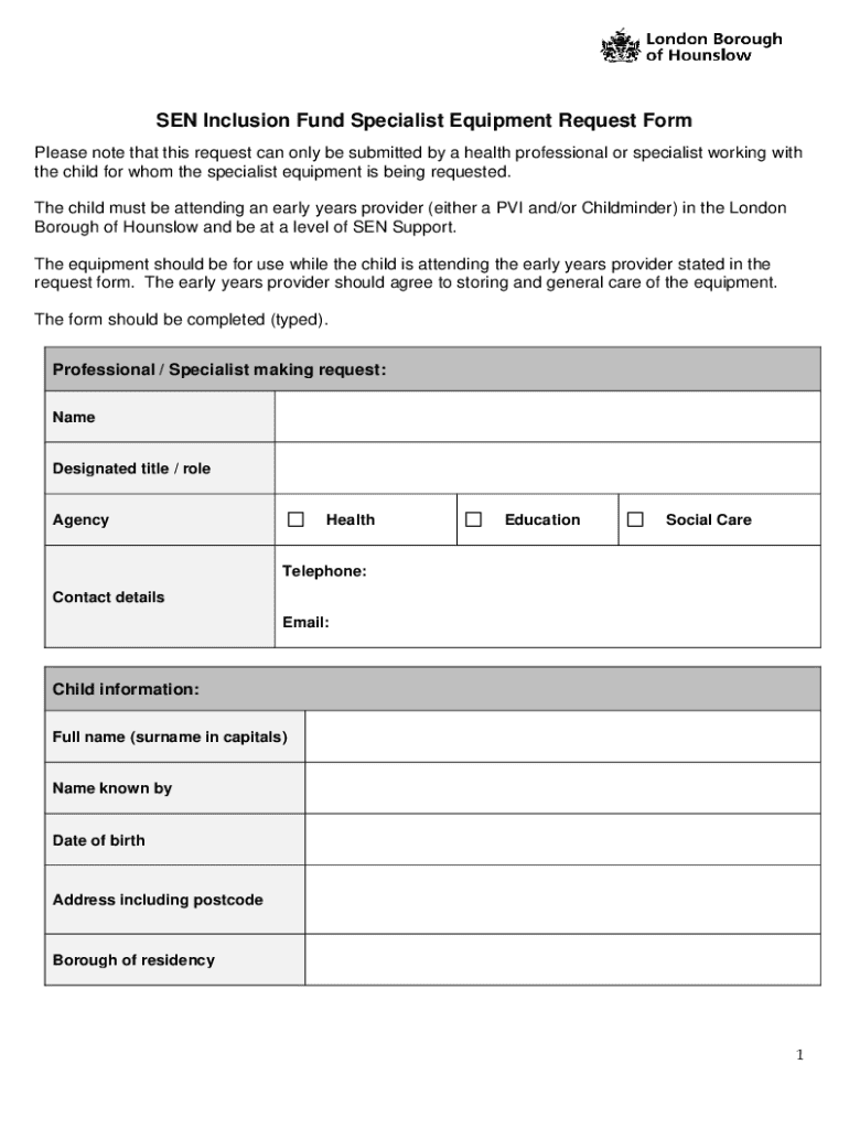 Fillable Online Sen Inclusion Fund Specialist Equipment Request Fax ...
