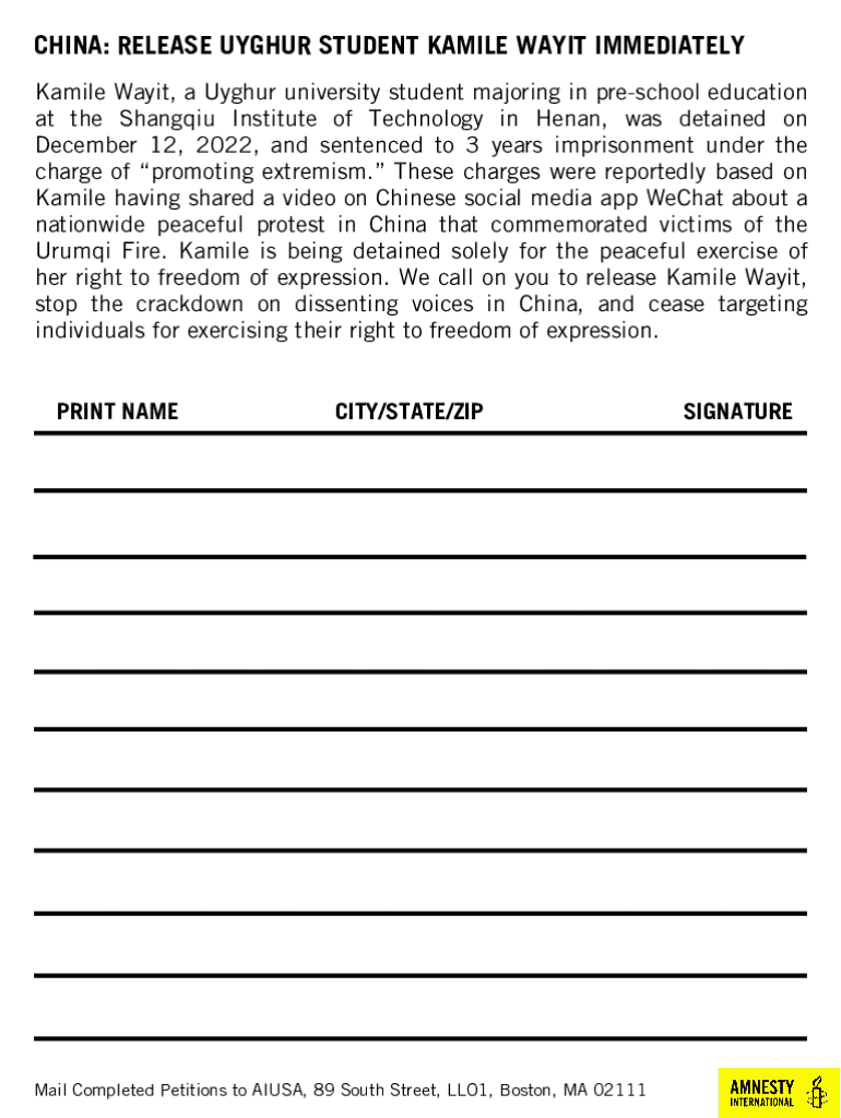 Fillable Online CHINA: RELEASE UYGHUR STUDENT KAMILE WAYIT IMMEDIATELY ...