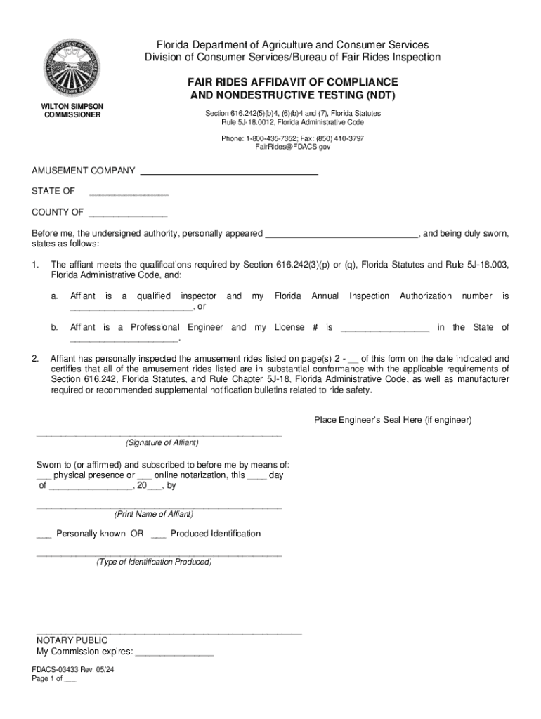 Fillable Online Fair Rides Affidavit of Compliance and Nondestructive ...
