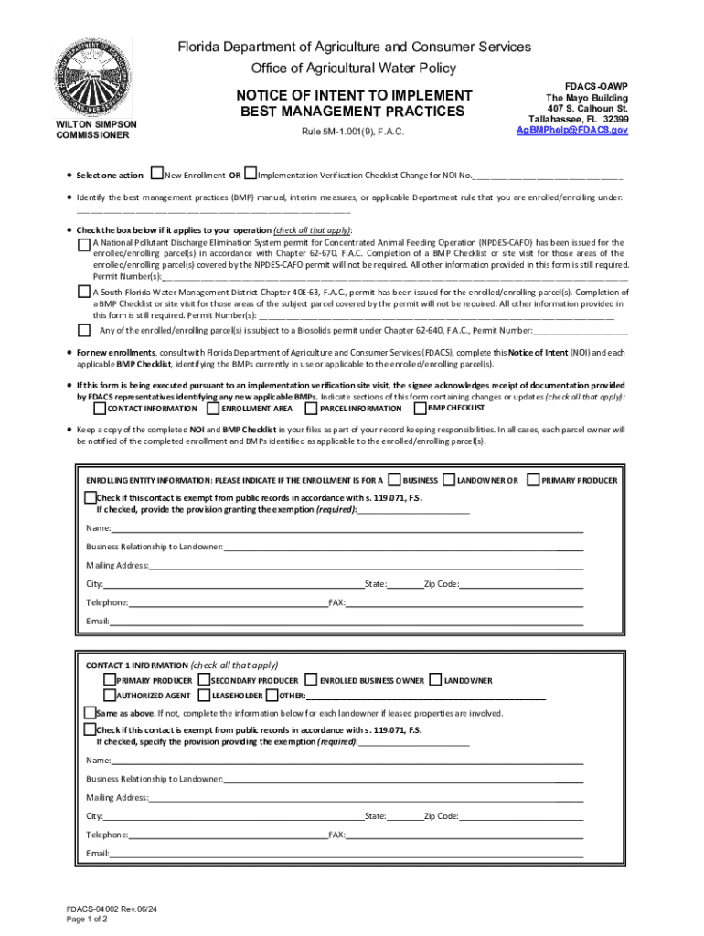 Fillable Online Notice of Intent to Implement Best Management Practices ...