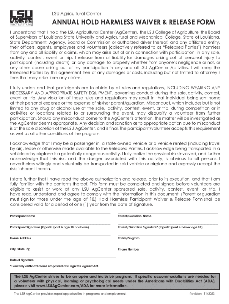 Fillable Online Annual Hold Harmless Waiver & Release Form Fax Email ...