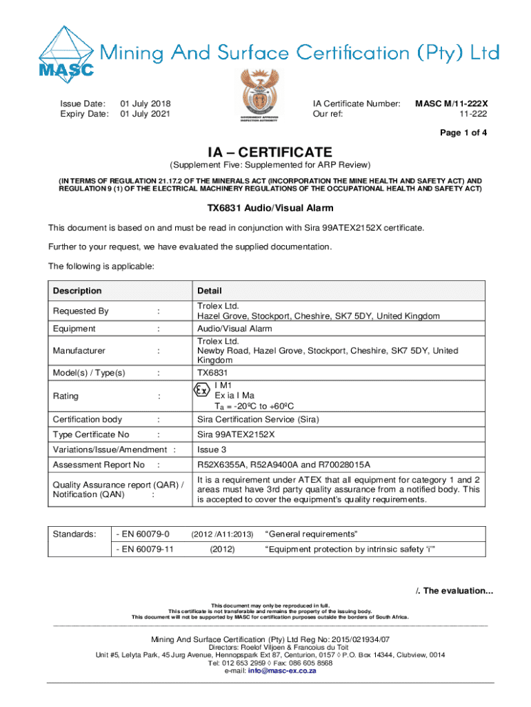 Fillable Online Tx6831 Audio/visual Alarm Ia Certificate Fax Email ...