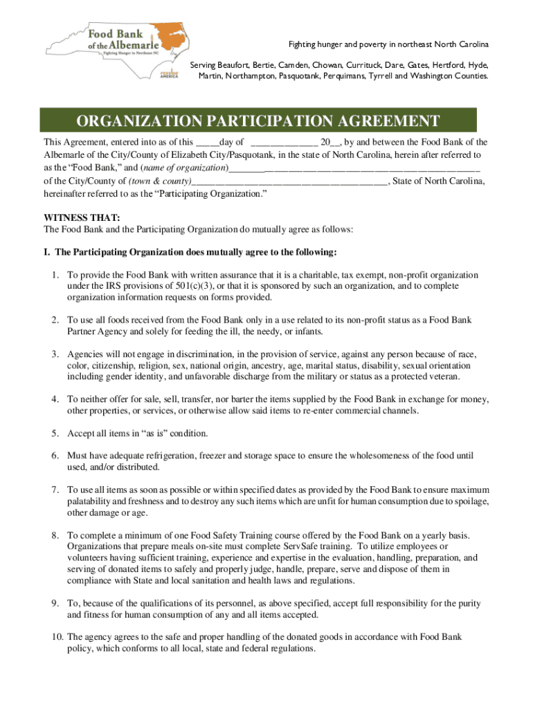 Fillable Online Organization Participation Agreement With Food Bank of the Albemarle Fax Email ...