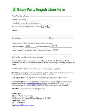Fillable Online Birthday Party Registration Form Fax Email Print ...