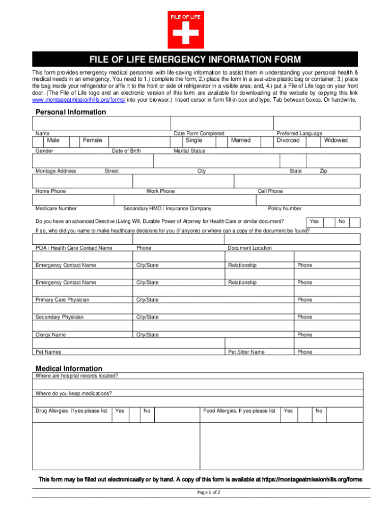 Fillable Online File of Life Emergency Information Fax Email Print ...