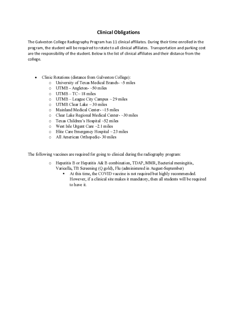 Fillable Online Clinical Obligations for Galveston College Radiography ...