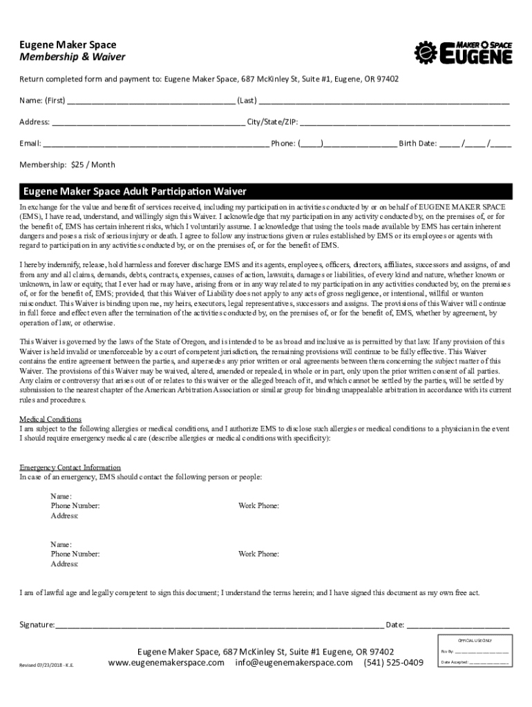 Fillable Online Eugene Maker Space Membership & Waiver Fax Email Print - pdfFiller