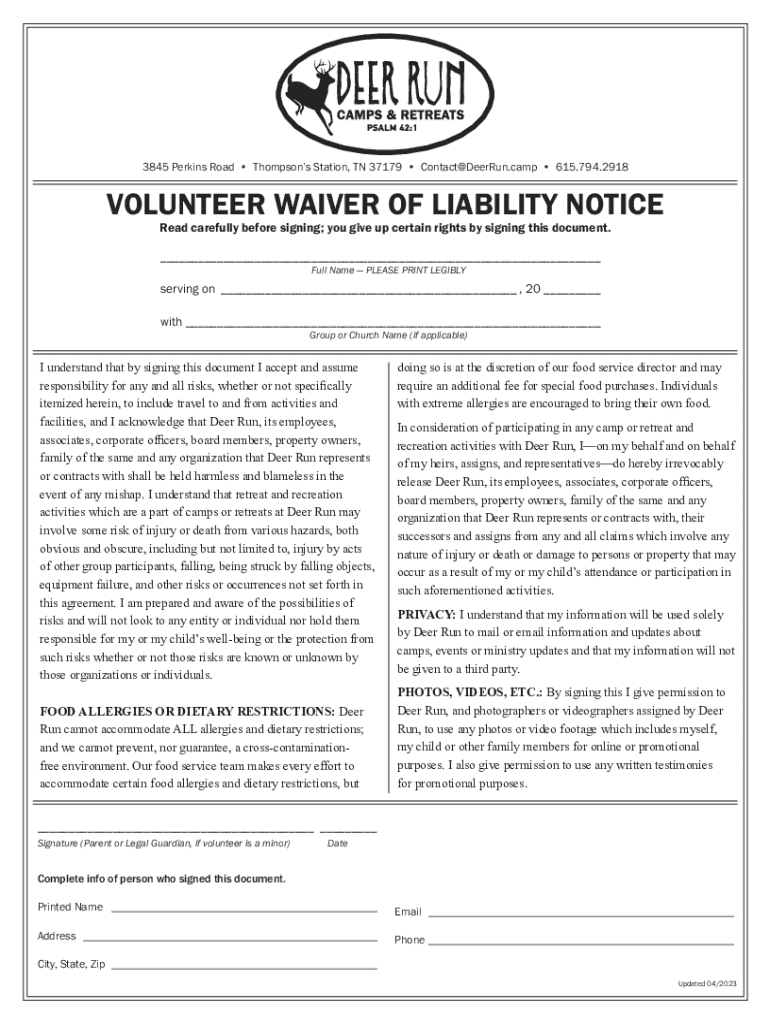 Fillable Online Volunteer Waiver of Liability Notice Fax Email Print - pdfFiller