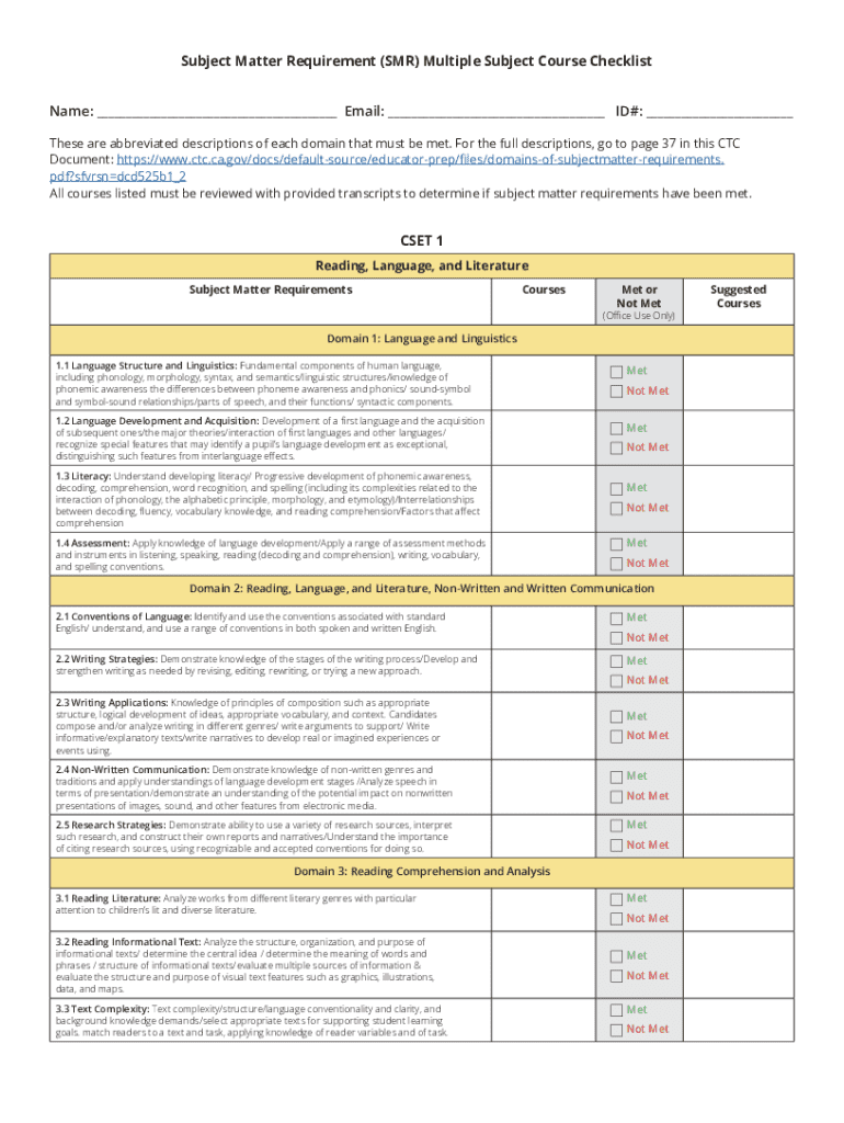 Fillable Online Smr Multiple Subject Course Checklist Fax Email Print - pdfFiller