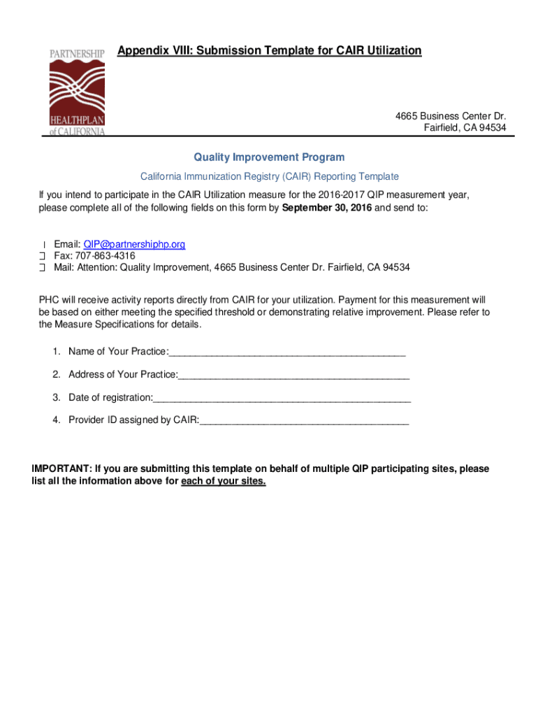 Fillable Online Submission Template for Cair Utilization Fax Email Print - pdfFiller