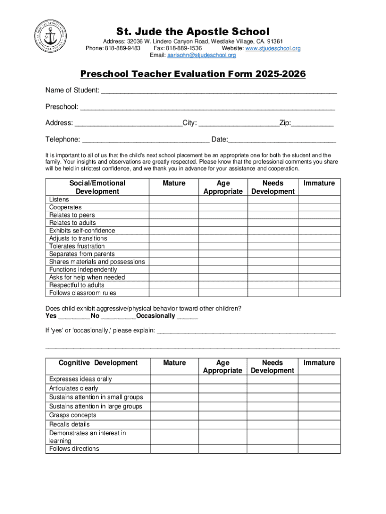 Fillable Online Preschool Teacher Evaluation Form Fax Email Print ...