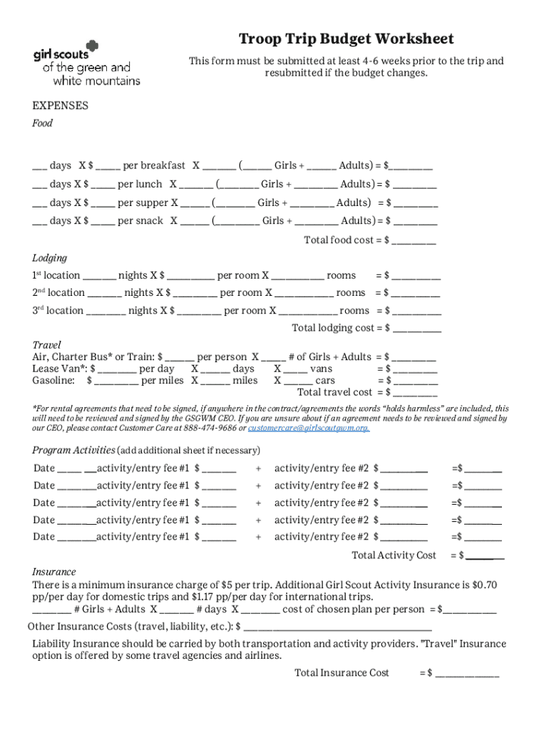 Fillable Online Troop Trip Budget Worksheet Fax Email Print - pdfFiller