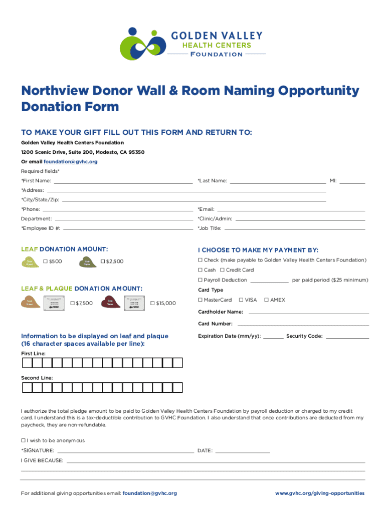 Fillable Online Northview Donor Wall & Room Naming Opportunity Fax ...