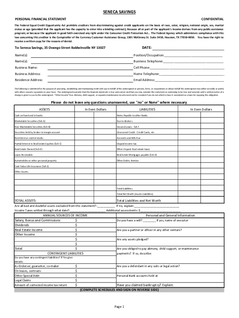Fillable Online Seneca Savings Personal Financial Statement Fax Email Print - pdfFiller
