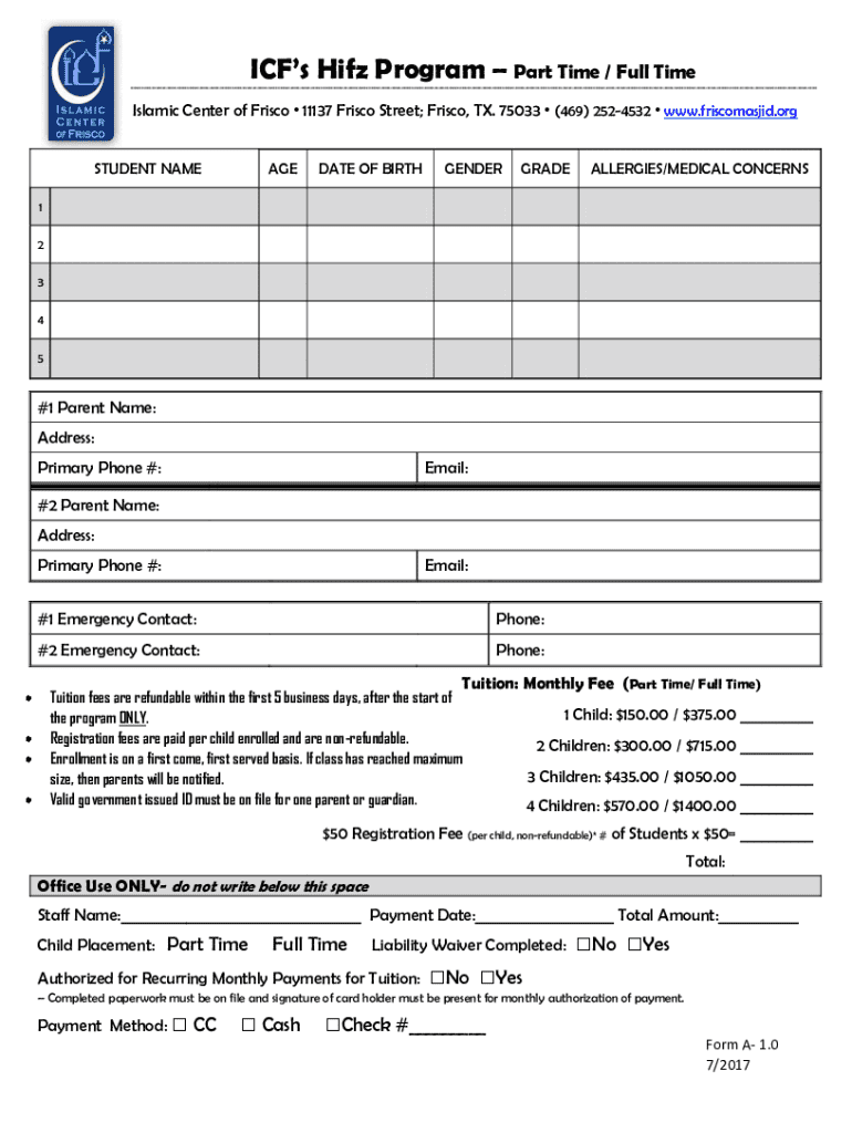 Fillable Online Icf’s Hifz Program – Part Time / Full Time Fax Email ...