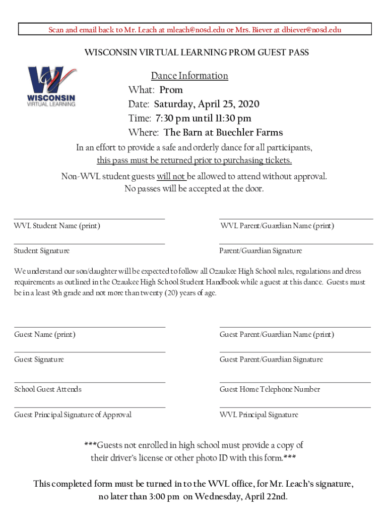 Fillable Online Wisconsin Virtual Learning Prom Guest Pass Fax Email ...