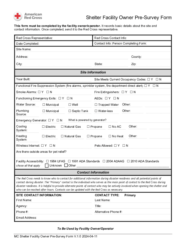 Fillable Online Shelter Facility Owner Pre-survey Form Fax Email Print ...