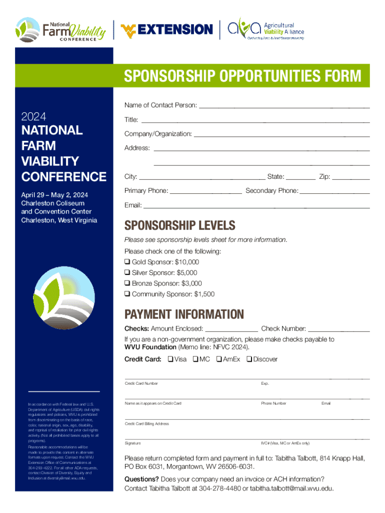 Fillable Online Sponsorship Opportunities for the 2024 National Farm Viability Conference Fax ...
