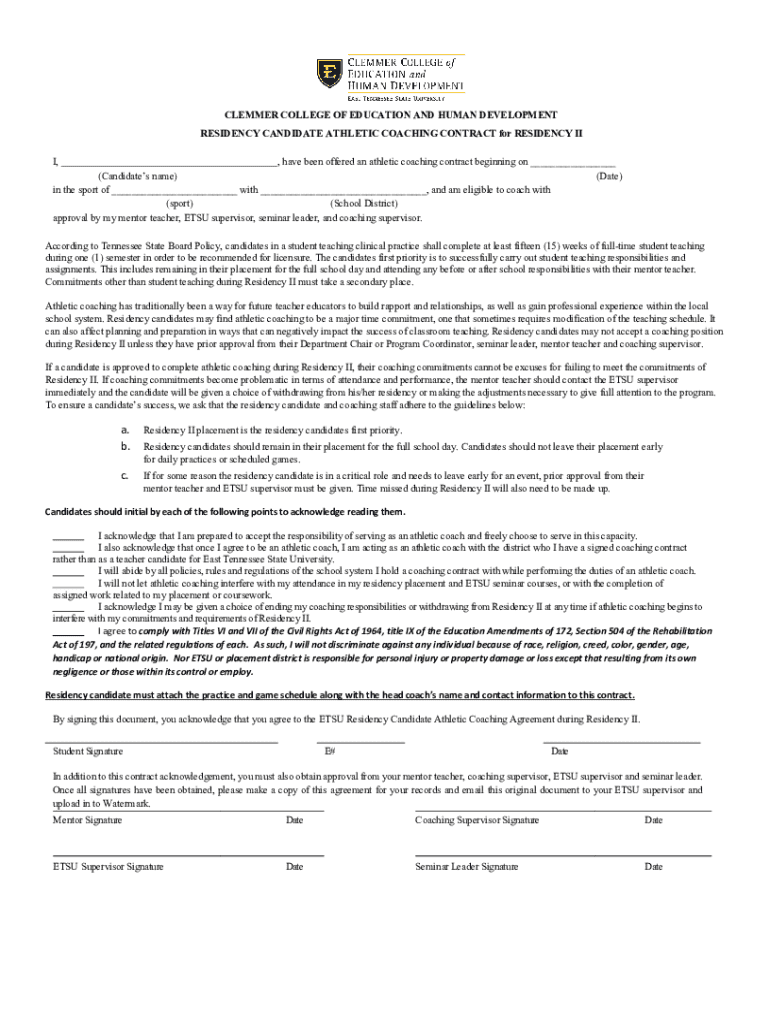 Fillable Online Residency Candidate Athletic Coaching Contract for ...