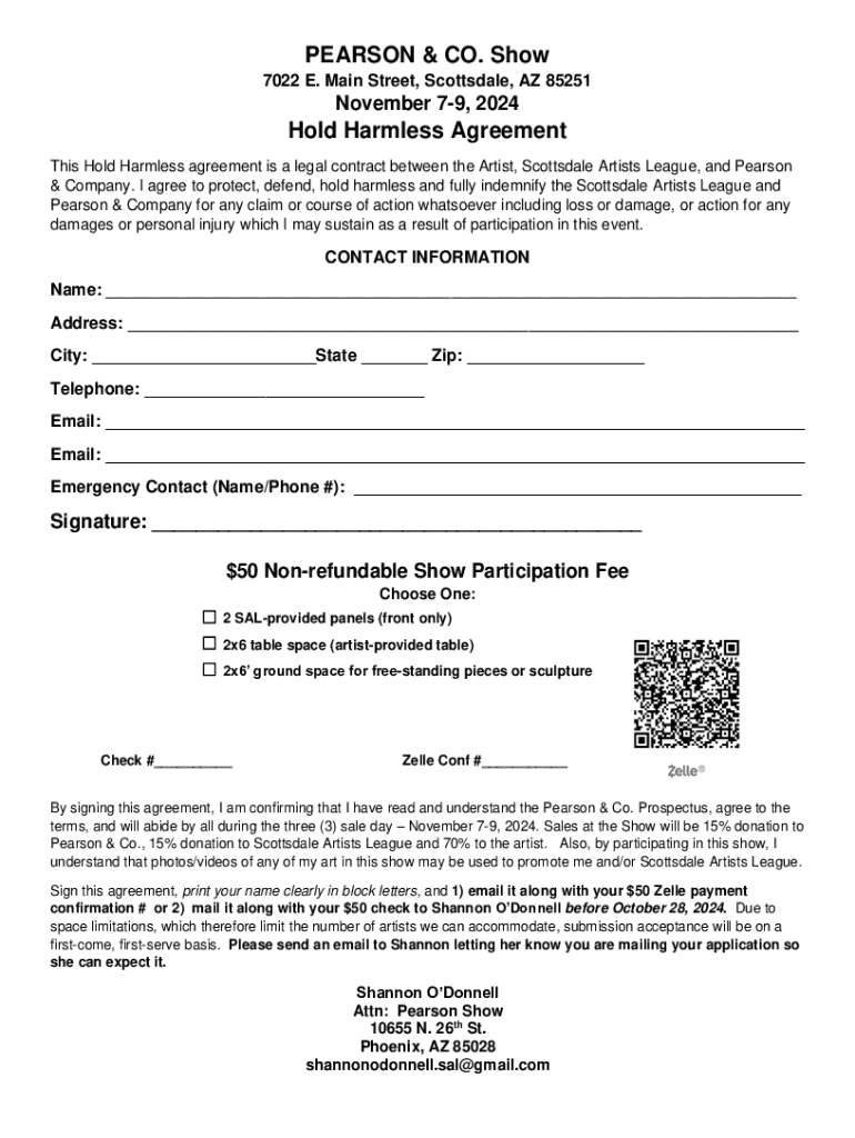 Fillable Online Hold Harmless Agreement for Pearson & Co. Show Fax Email Print - pdfFiller