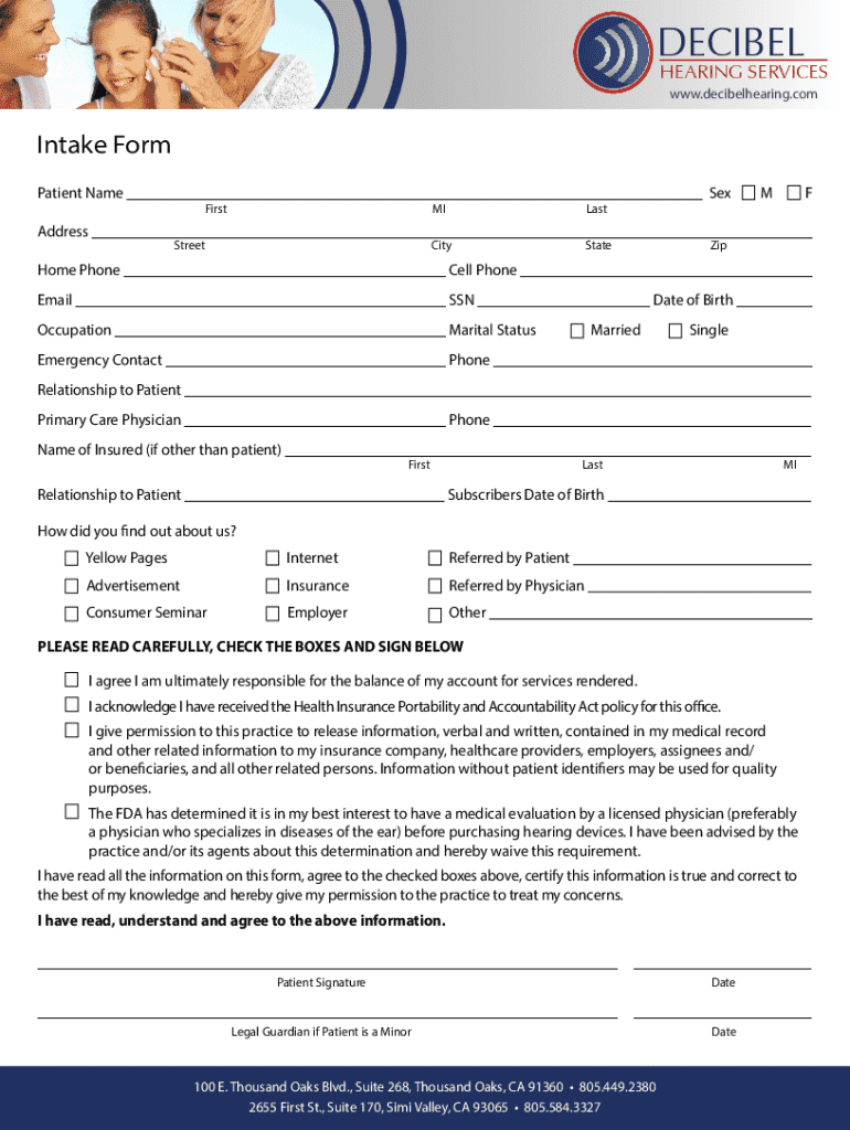Fillable Online Decibel Hearing Services Patient Intake Form Fax Email ...