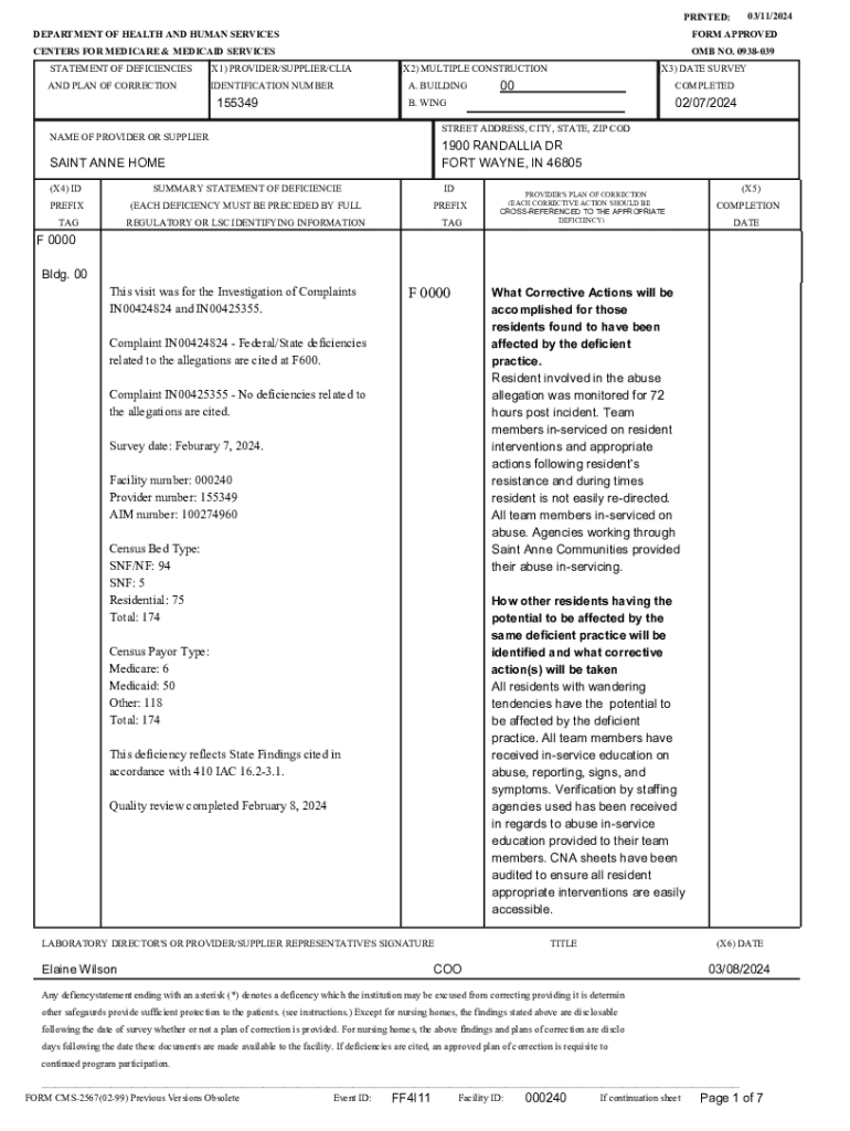 Fillable Online Statement of Deficiencies and Plan of Correction Fax Email Print - pdfFiller
