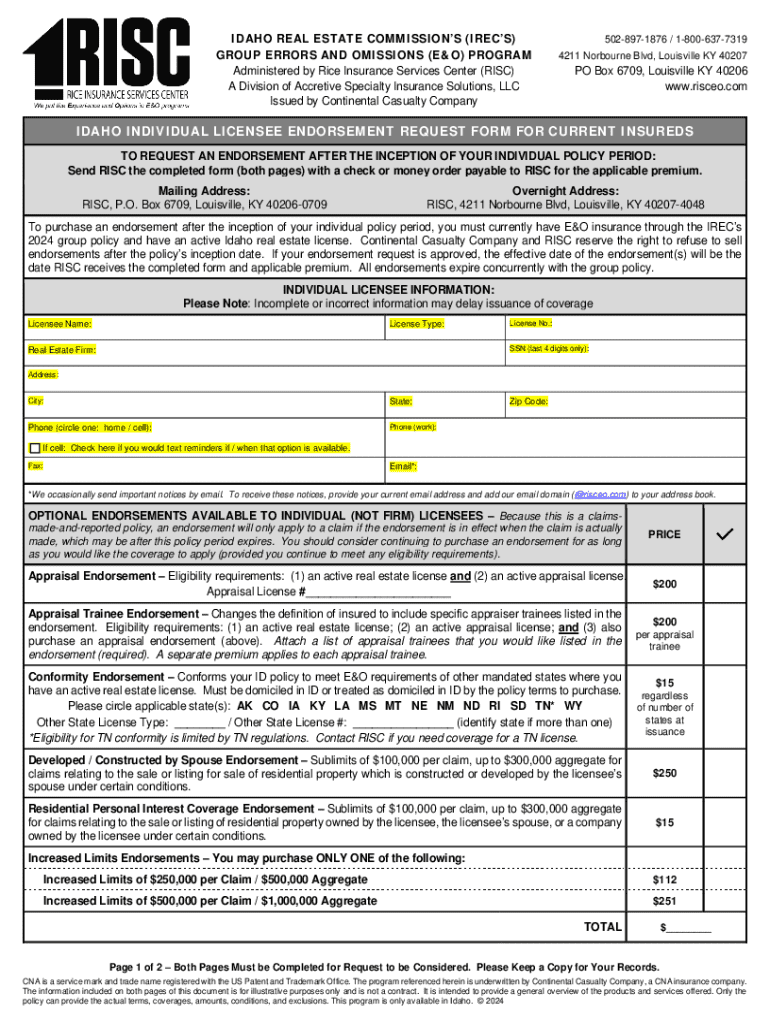 Fillable Online Endorsement Request Form for Current Insureds Fax Email Print - pdfFiller