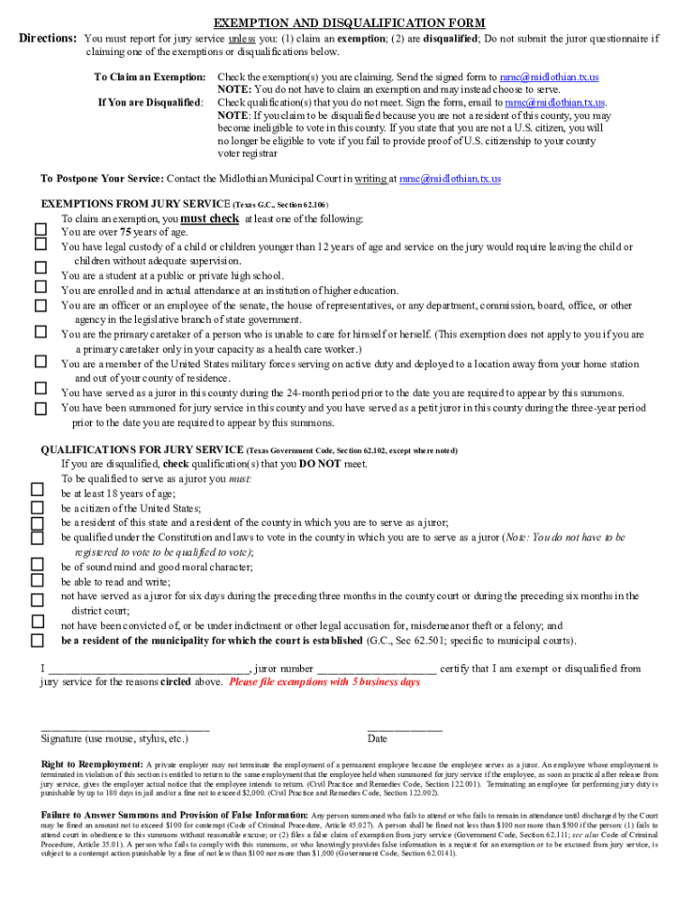 Fillable Online Exemption and Disqualification From Jury Service Fax Email Print - pdfFiller
