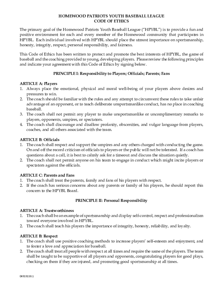 Fillable Online Homewood Patriots Youth Baseball League Code of Ethics ...