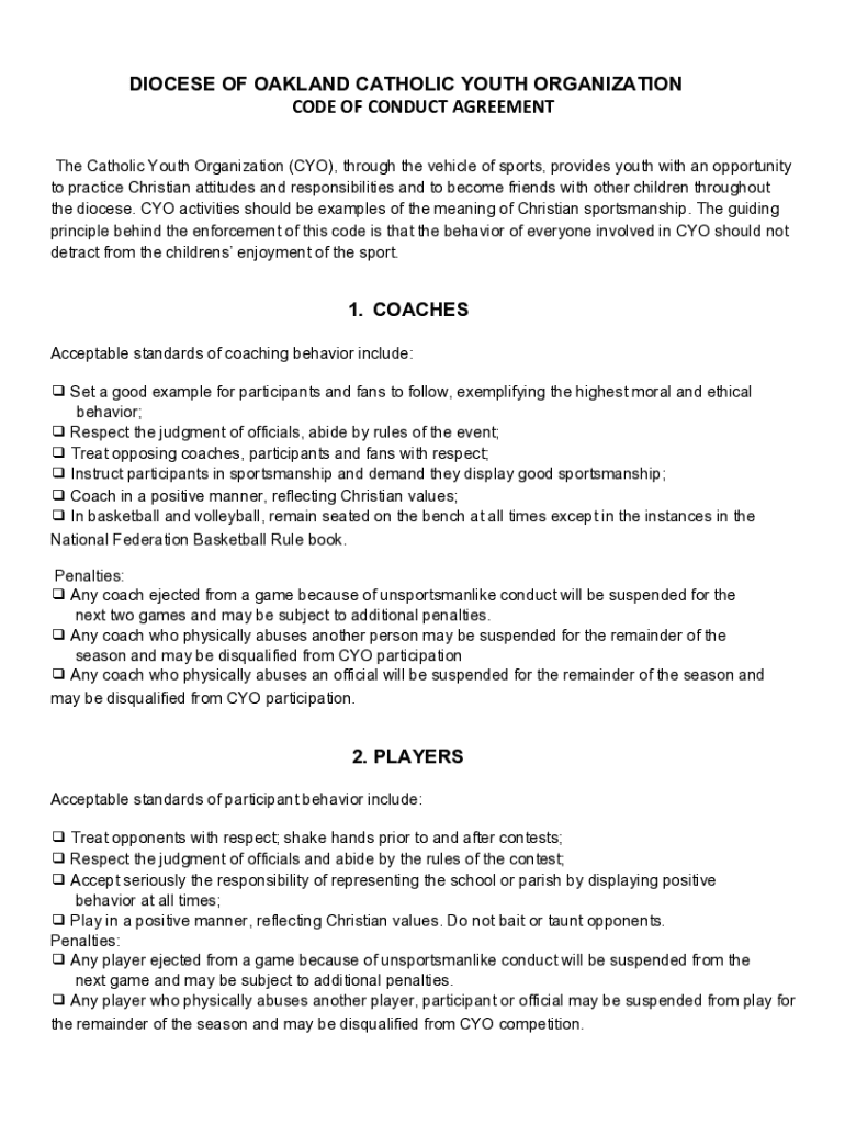 Fillable Online Diocese of Oakland Catholic Youth Organization Code of ...